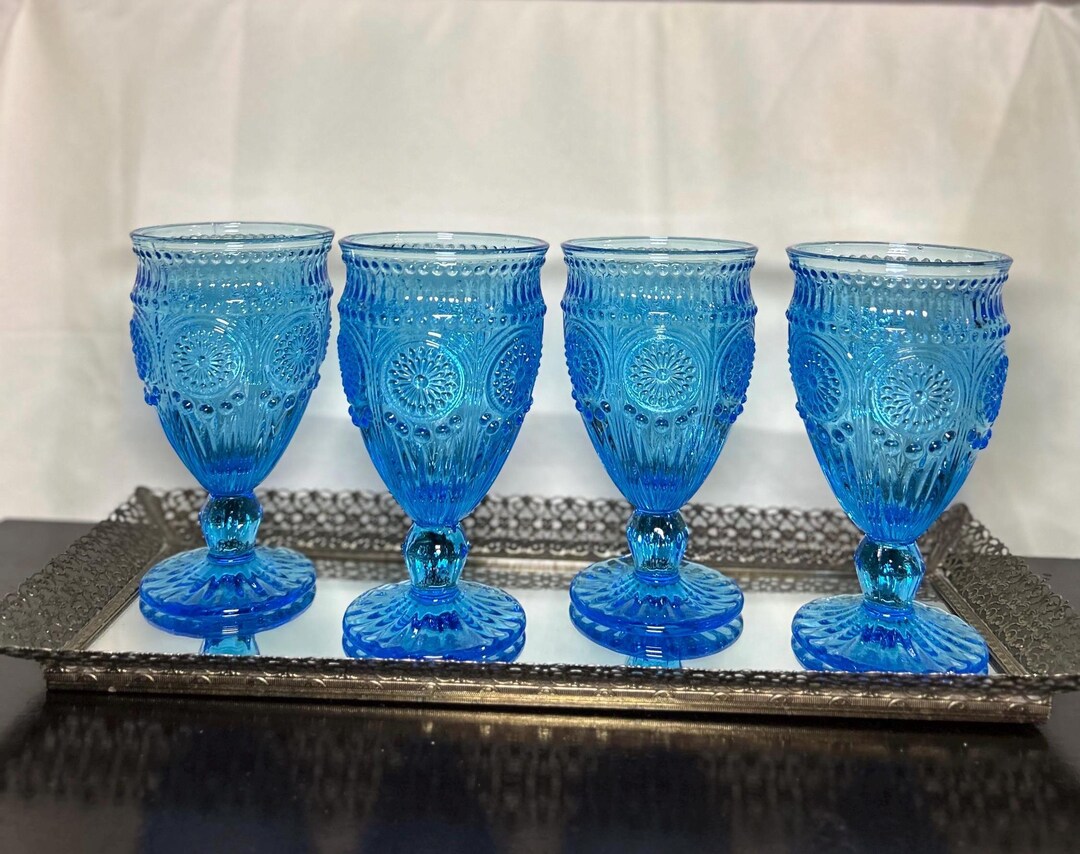 Vintage Aqua Blue Glass Goblets - Floral Lace Pattern, Set of 4 - Etsy