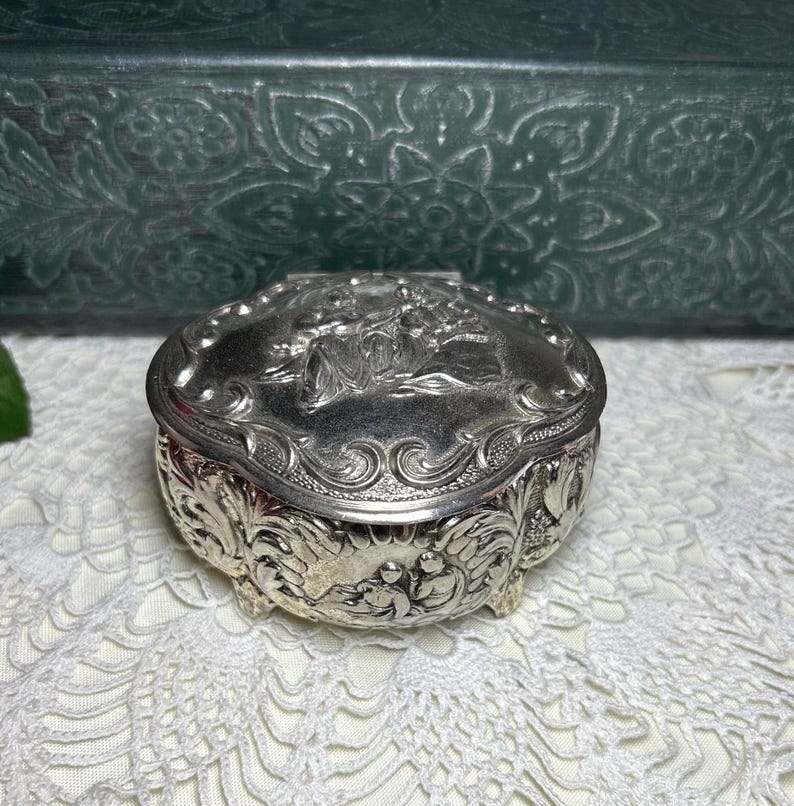 Vintage Silver Tone Repousse Jewelry Box; Footed Victorian Style ...