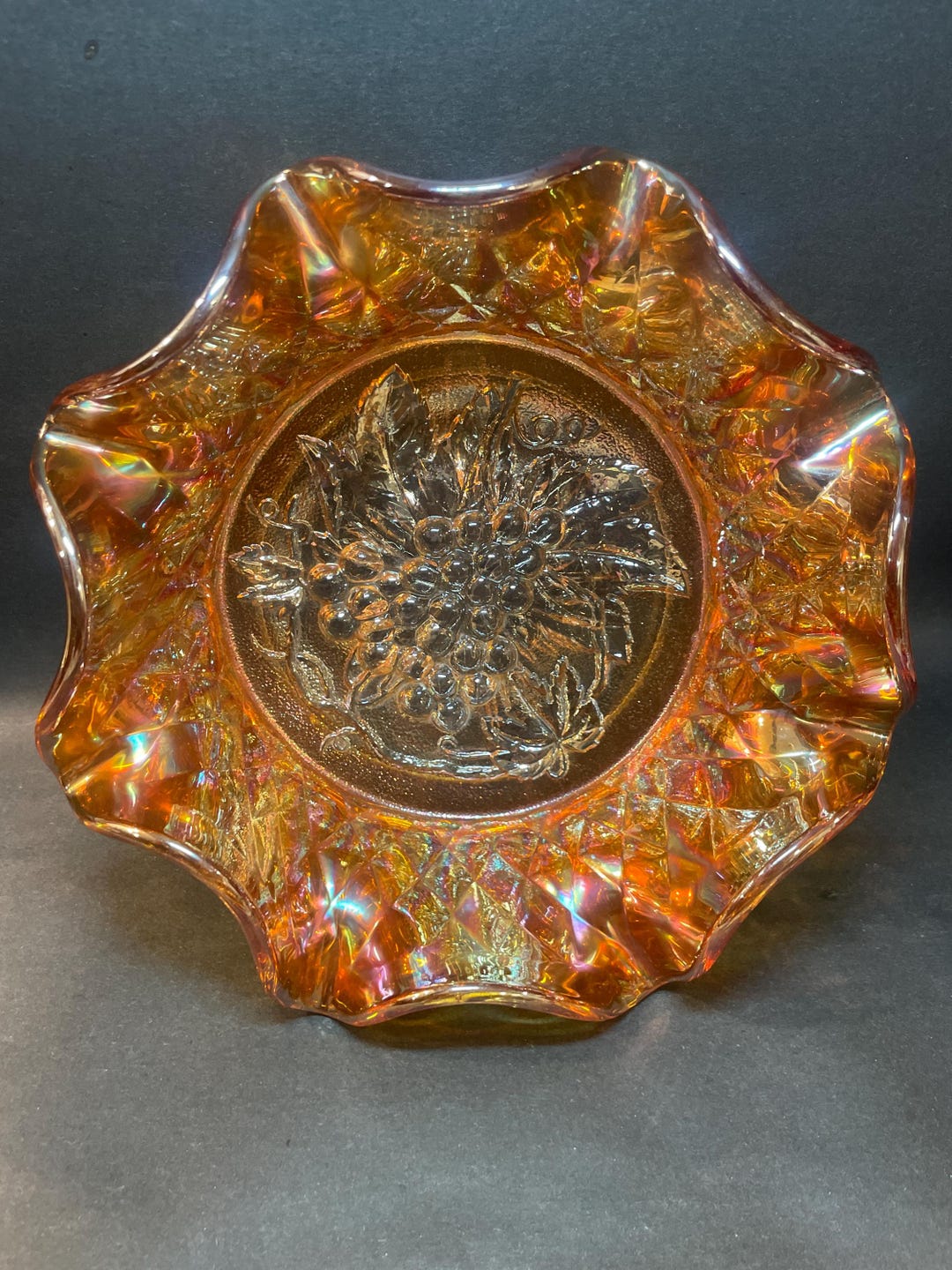 Antique Imperial Peach / Marigold Carnival Glass HEAVY GRAPE Pattern ...