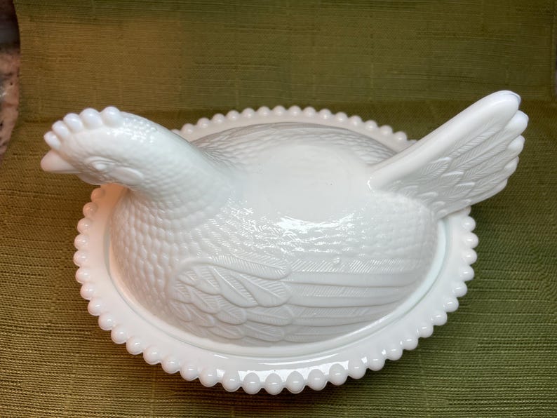 Vintage - Indiana Glass - 7” ~ Milk Glass - Hen on Nest With Beaded ...
