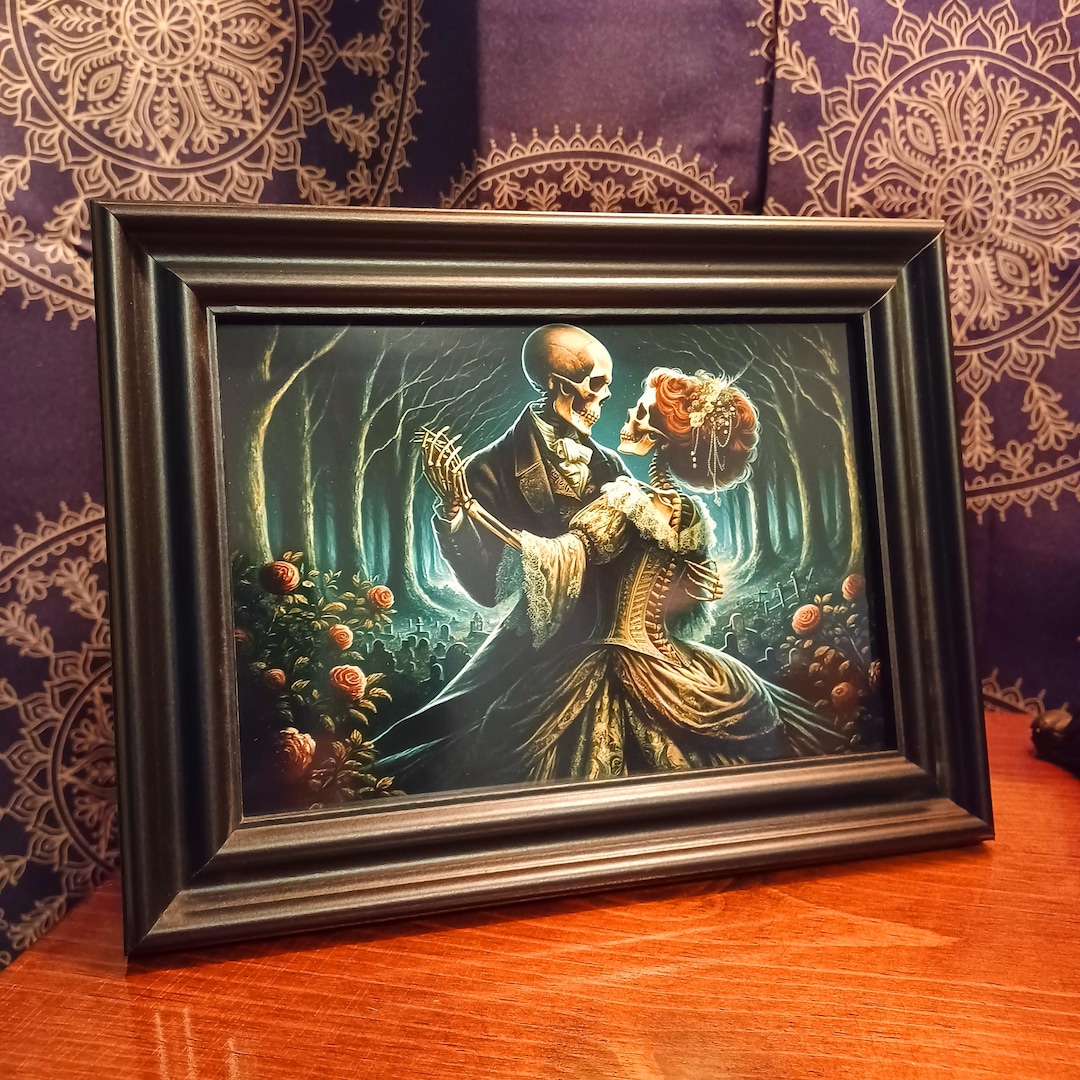 A Graveyard Romance. Romantic Skeleton Husband and Wife Dancing in a ...