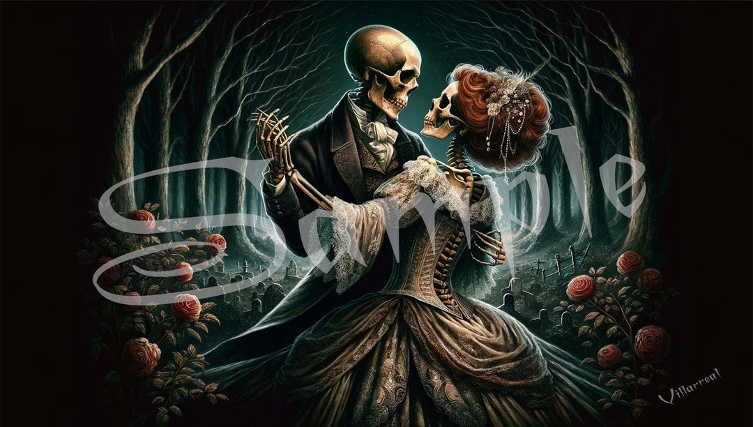 A Graveyard Romance. Romantic Skeleton Husband and Wife Dancing in a ...