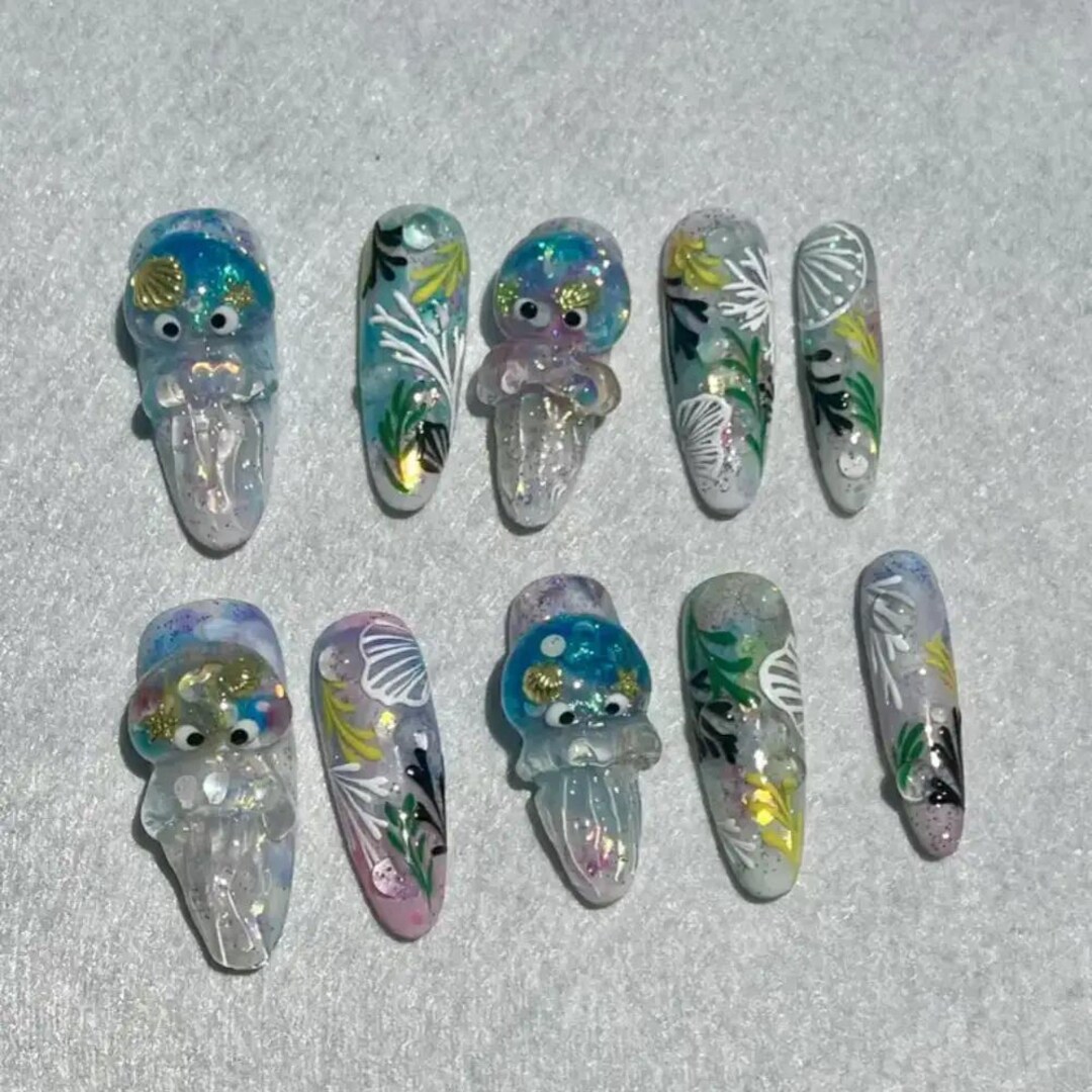 Upgraded Secure Hold Handmade Deep Blue Press on Nails/3d Octopus ...