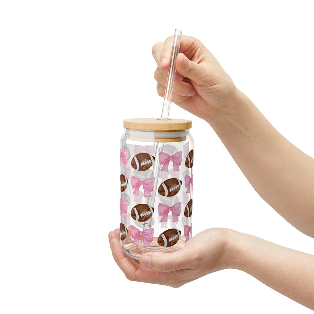 Football Coquette Pink Bow Iced Coffee Cup, 16oz Glass Cup, Custom Can ...