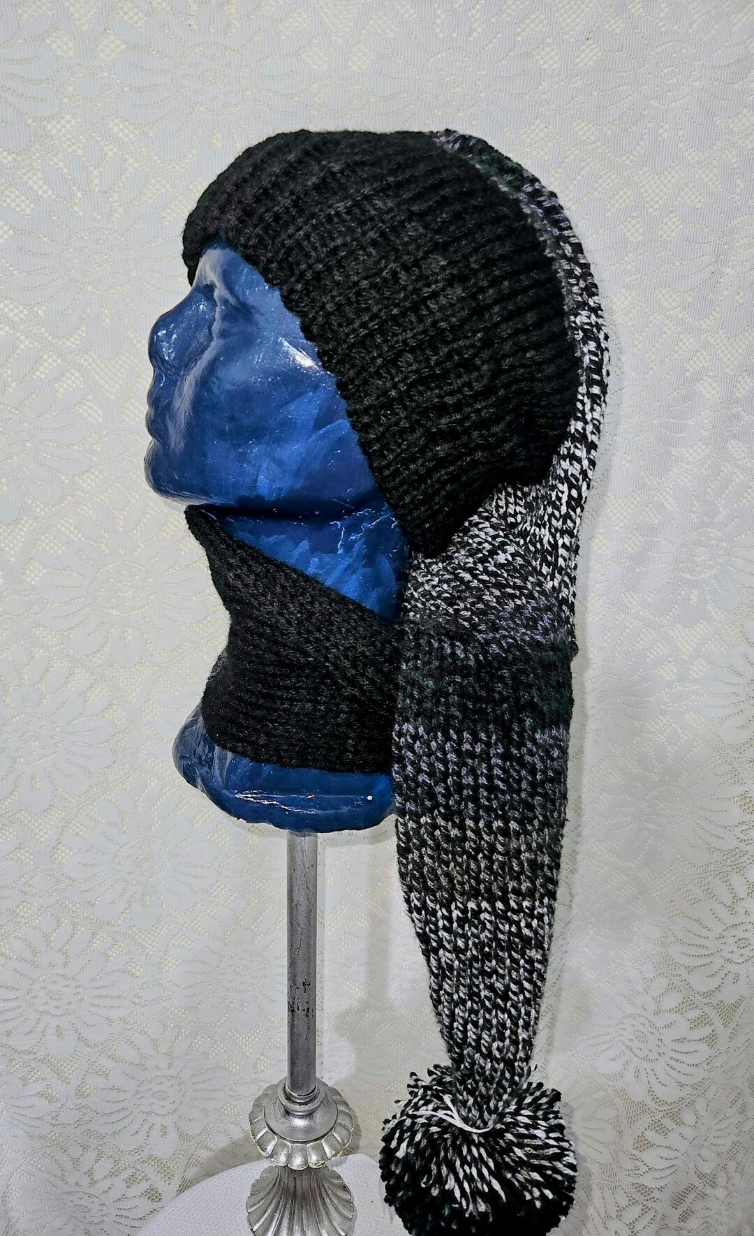 176-extra Long Stocking Hat: Black and Gray Knit With Pom Pom (48") - Etsy