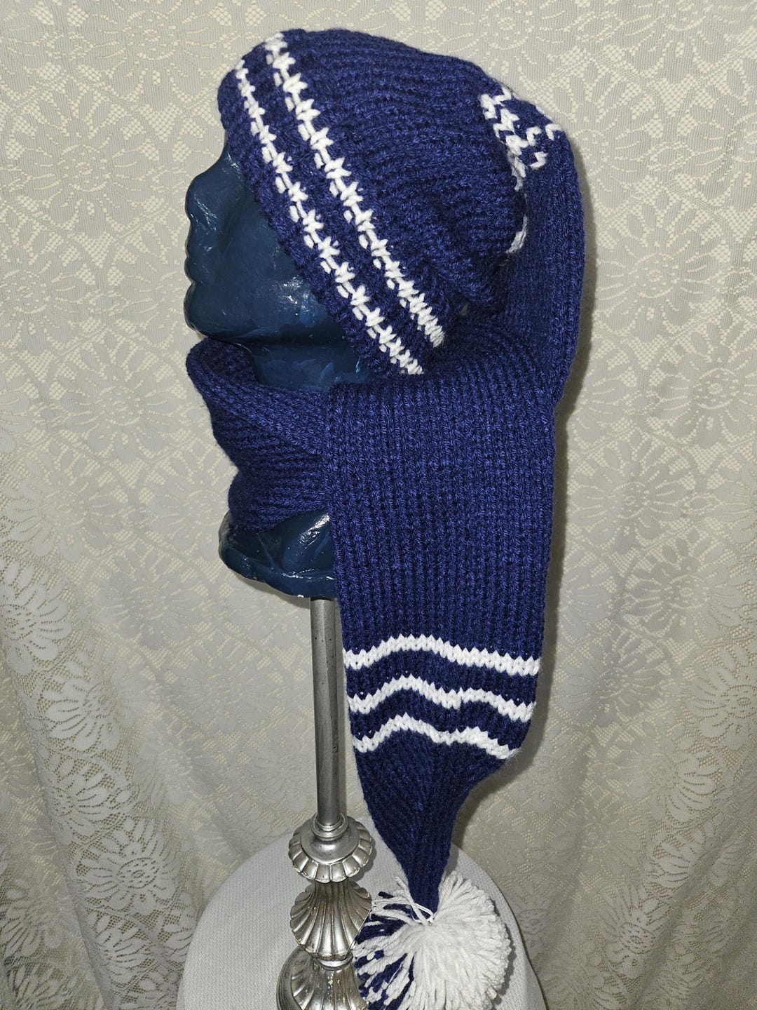168-navy Blue With White Design Matching Pom Pom Length 55" - Etsy