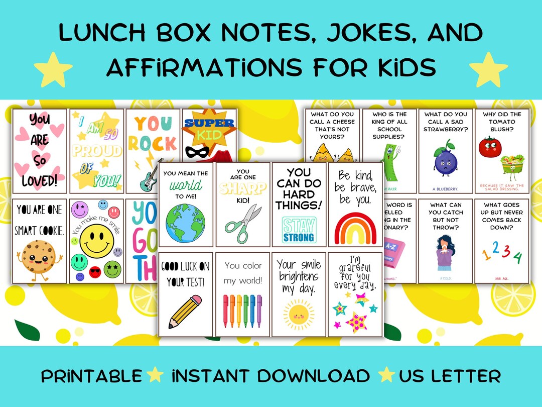 Lunchbox Notes Printable for School Lunches, Lunch Box Notes, Jokes ...