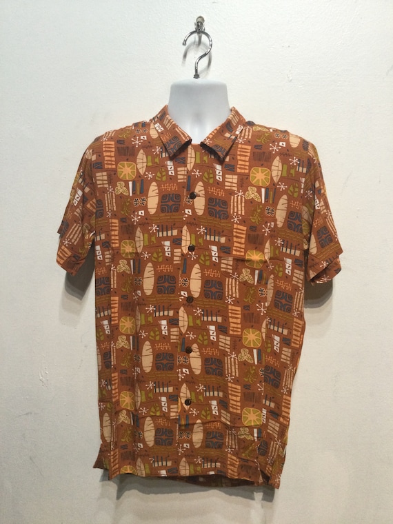 Americana 1950s style rayon atomic / tiki print shirt… - Gem