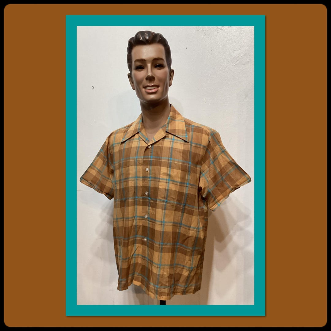 Vintage 1950's/60's Plaid Loop Collar Shirt by Towncraft for Penney's. Size Large 16-16 1/2 ...