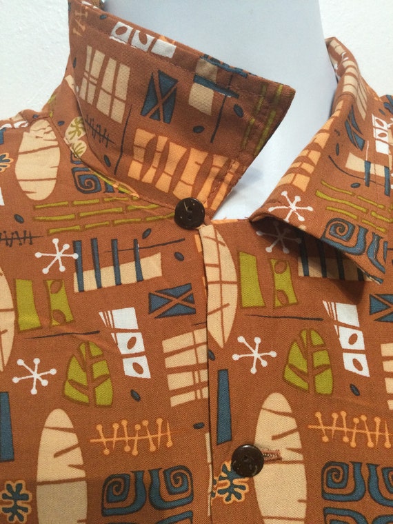 Americana 1950s style rayon atomic / tiki print shirt… - Gem