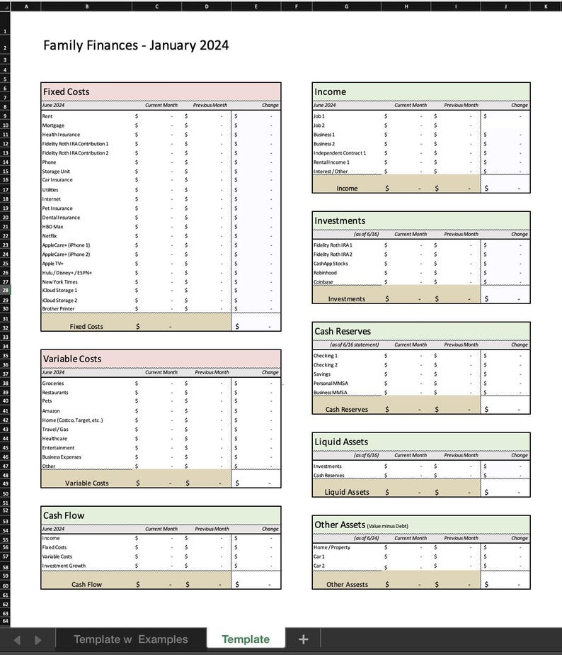Monthly Budget Template W/ Change Over Time - Etsy