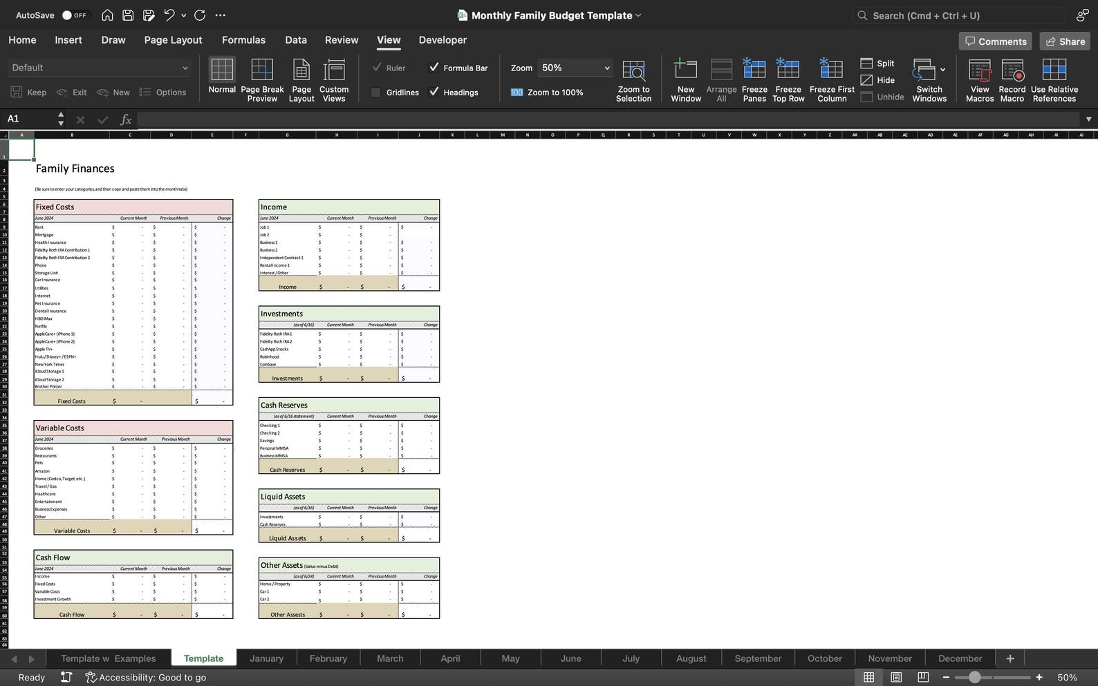 Monthly Budget Template W/ Change Over Time - Etsy