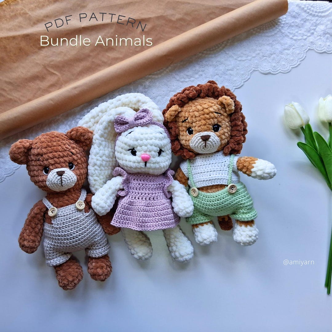 Amigurumi Animal Crochet Pattern Bundle – Lion, Bear, Bunny – Jungle ...