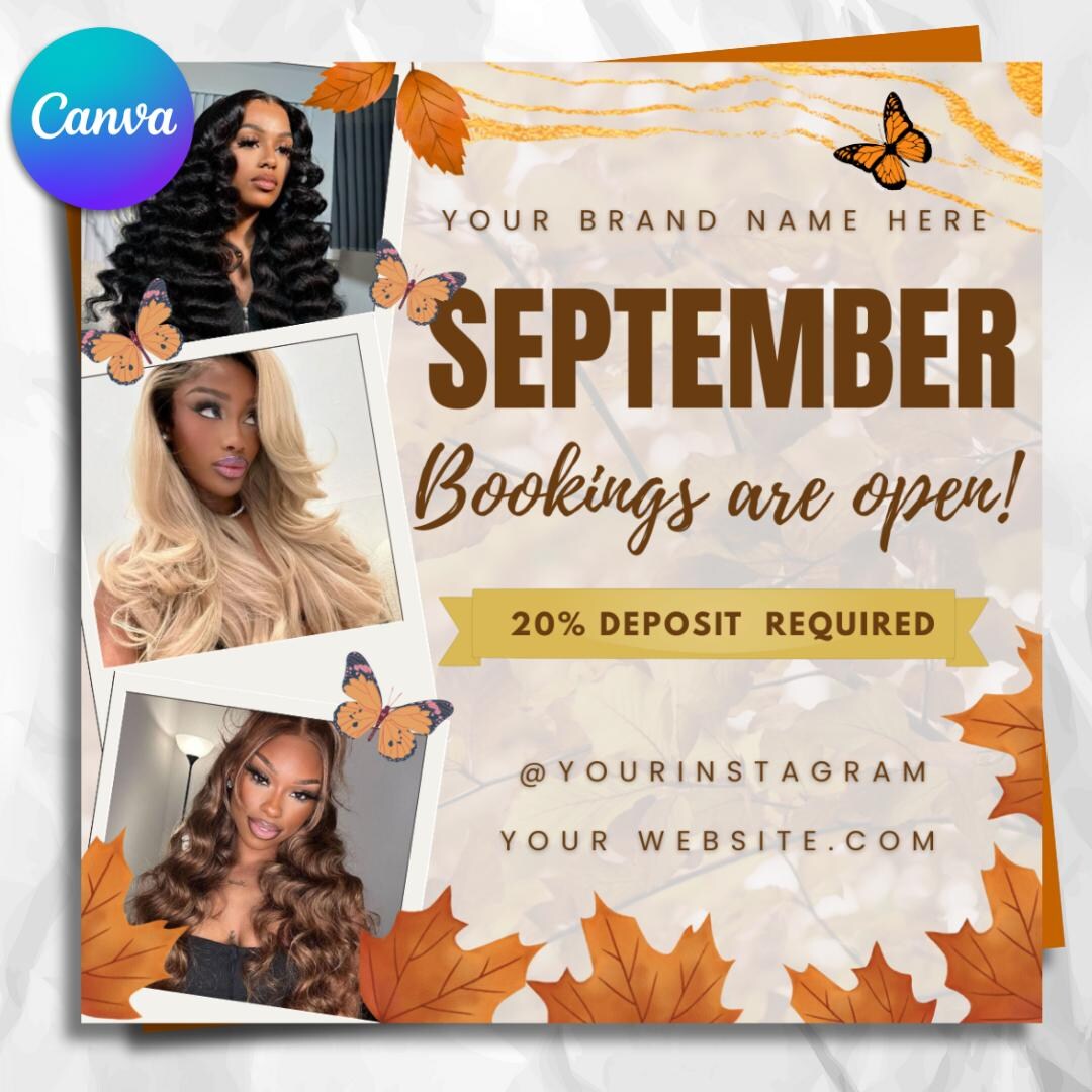September Booking Flyer, Autumn Hair Flyer, Editable DIY Canva, Fall ...