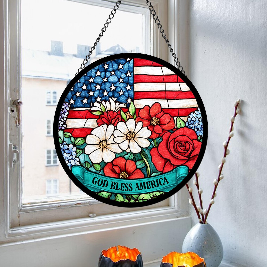 Floral American Flag Glass Suncatcher, 4th of July Decor - Etsy
