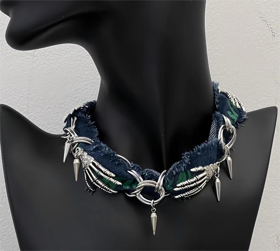 Skeleton Hand Choker Necklace, Gothic Punk Choker, Distressed Denim ...