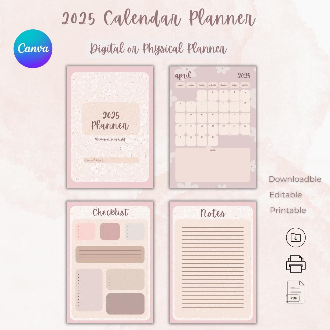 2025 Calendar Planner Editable Printable Template Floral Notepad ...