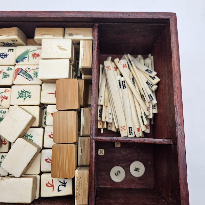 Wooden Mah Jong Set From the 1920s Complete Bone & Bamboo Tiles, 2 Wind ...