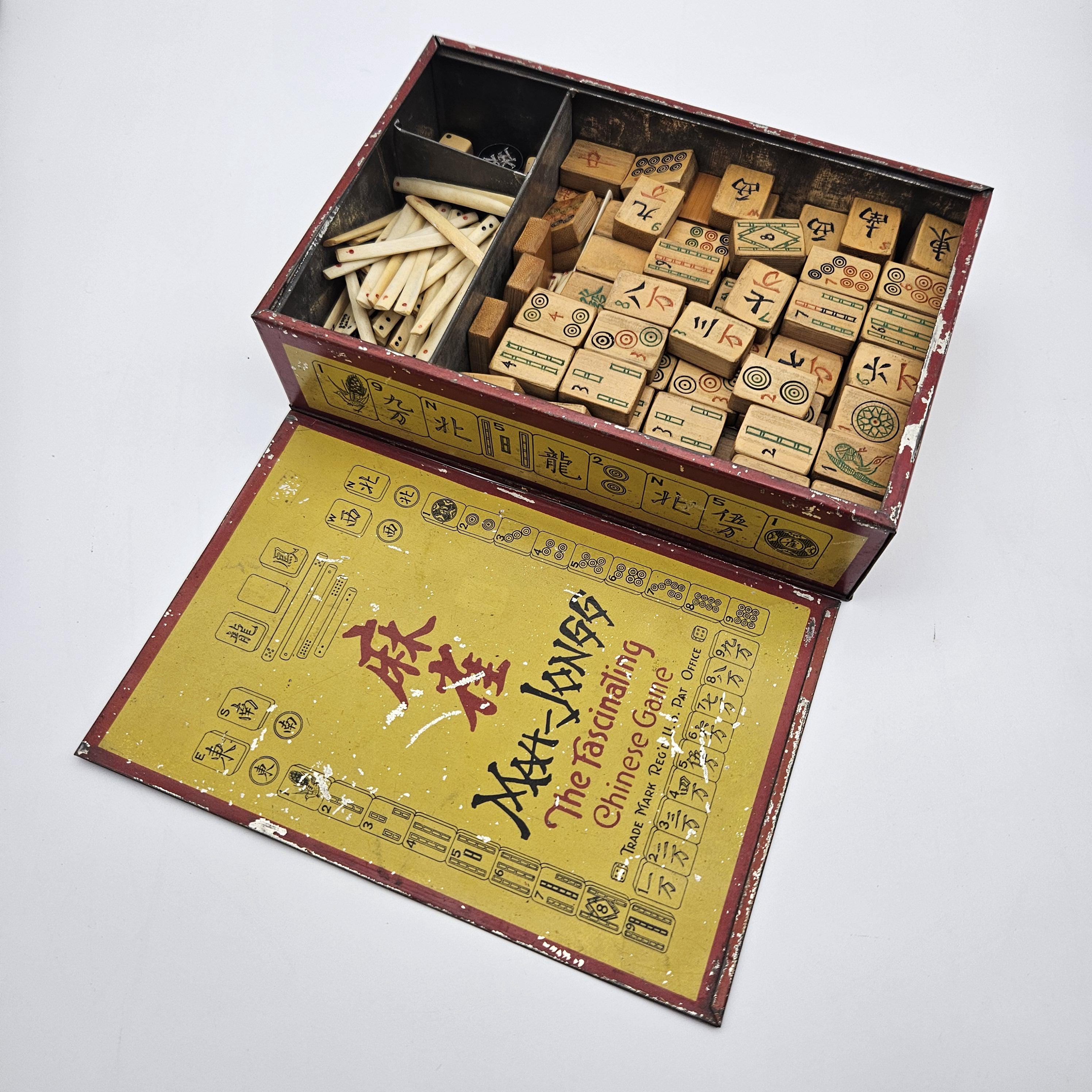 Rare Metal Box 1923 Mah Jong Set Bamboo Tiles (some Damaged), 3 Wind ...