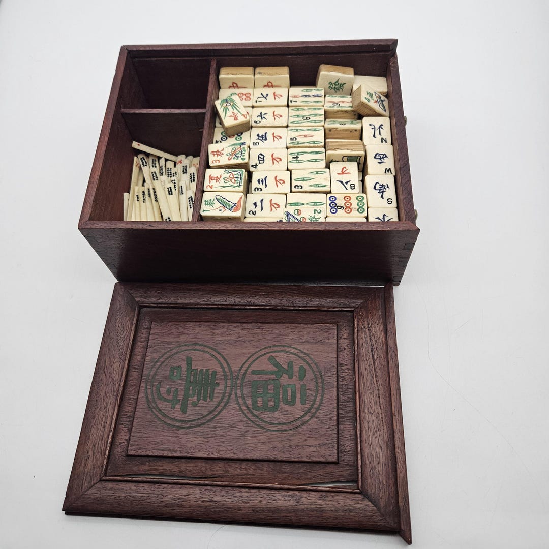 Wooden Mah Jong Set From the 1920s Complete Bone & Bamboo Tiles, 2 Wind ...