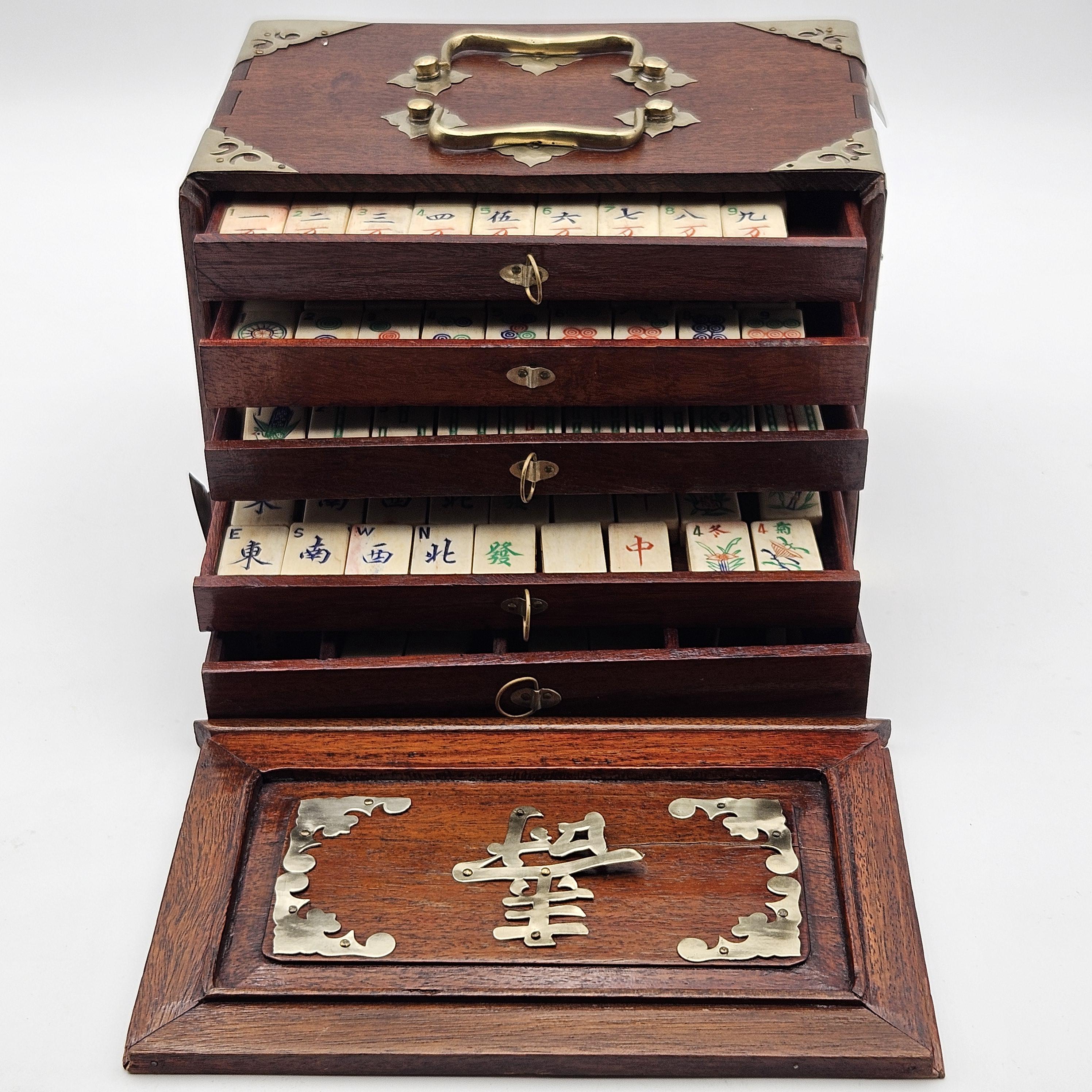 Antique Wooden Mah Jong Set From 1920s W/ Rare Brass Character, Wooden ...