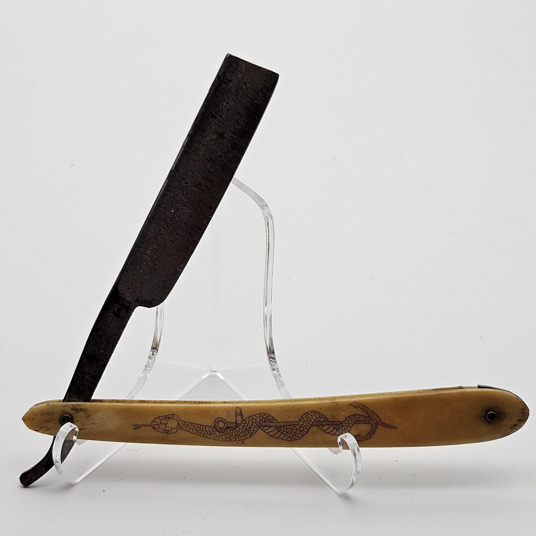 Antique Etched Bone Straight Razor, Snake and Anchor Design. Wade and ...