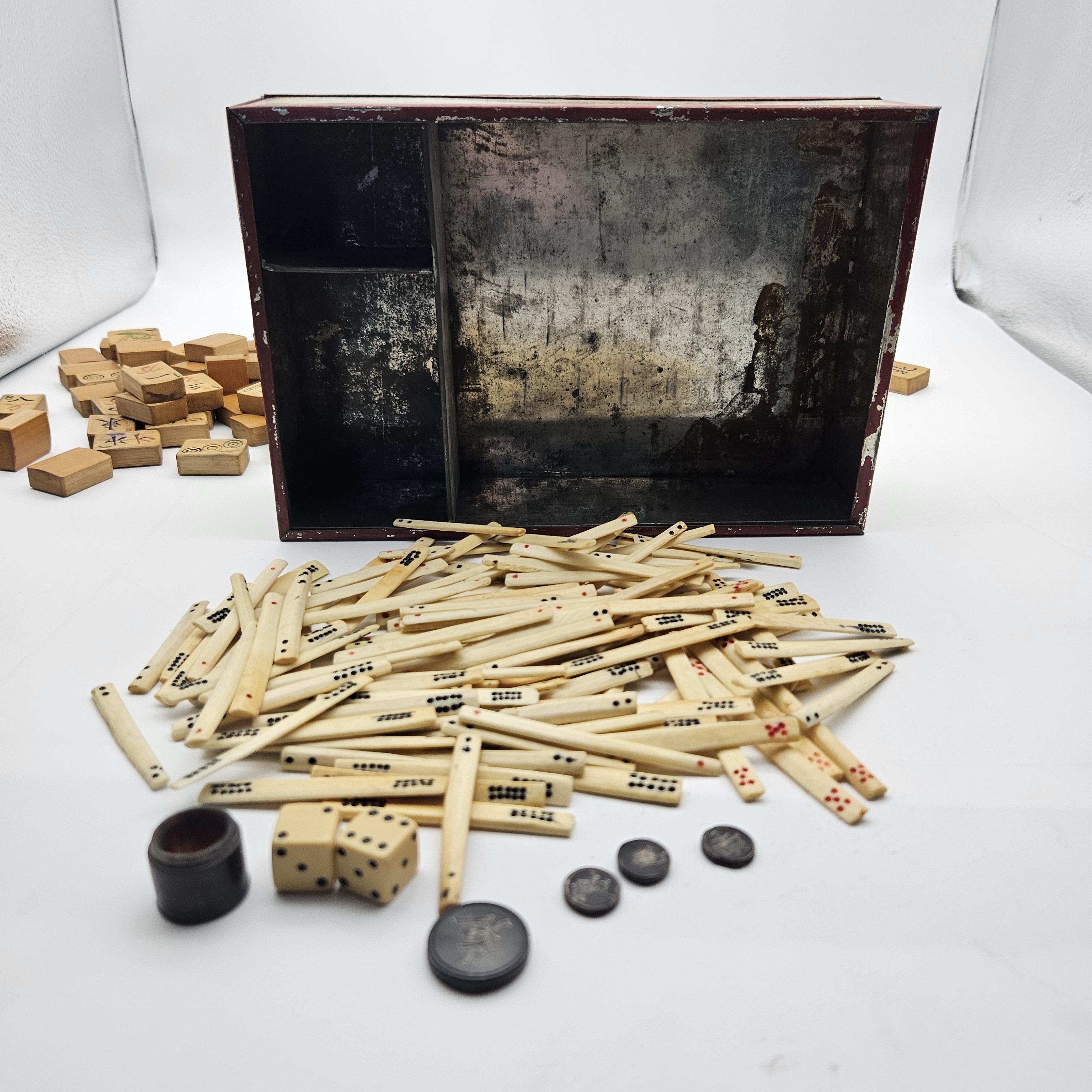 Rare Metal Box 1923 Mah Jong Set Bamboo Tiles (some Damaged), 3 Wind ...