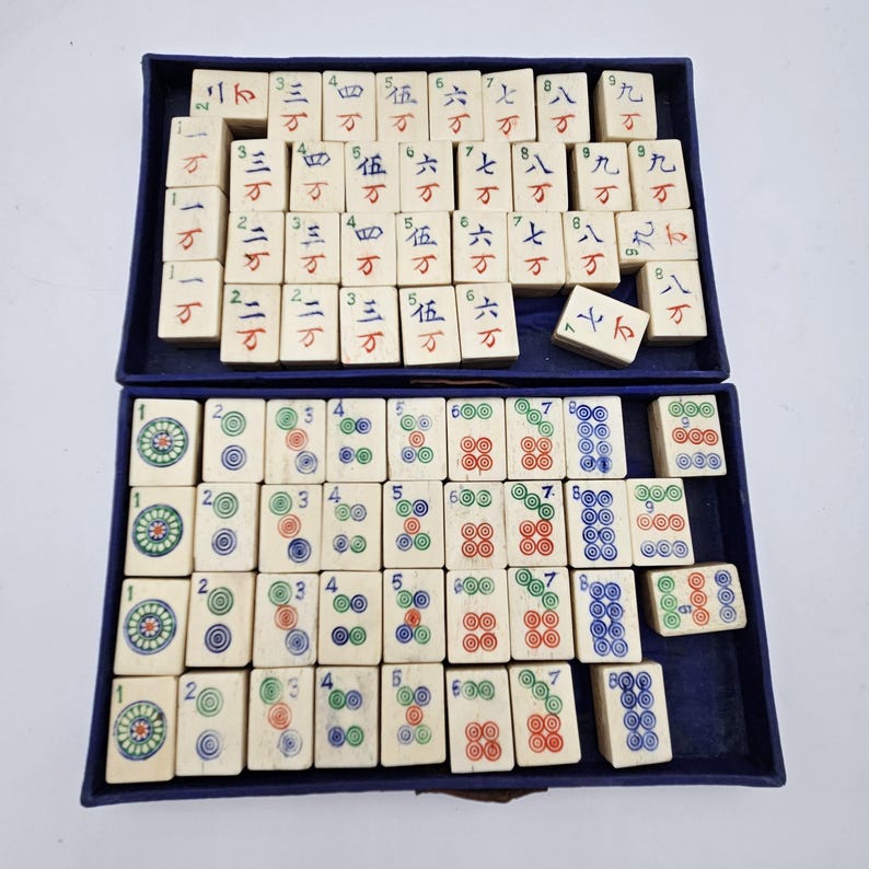 Rare Antique Mah Jong Set From 1920s Leather Box, Bone & Bamboo Tiles ...