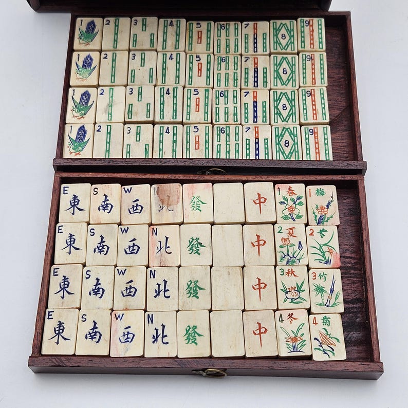 Antique Wooden Mah Jong Set From 1920s W/ Rare Brass Character, Wooden ...