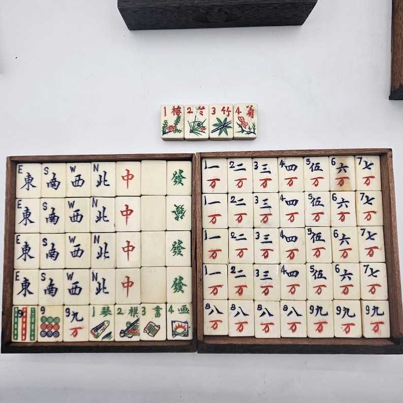 Antique 1920s Wooden Mah Jong Set Painted Sparrow Wood Box W/ Complete ...