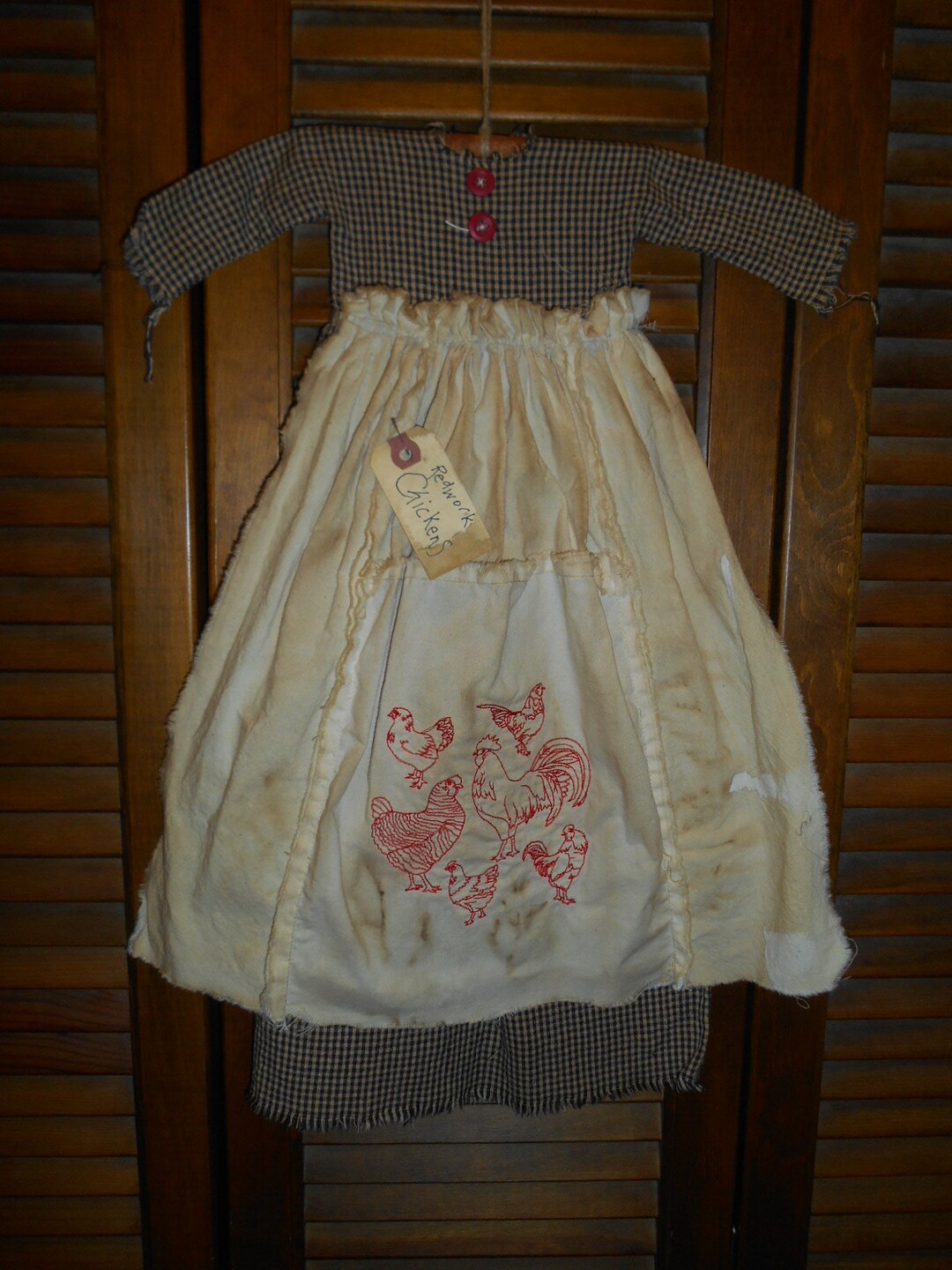 REDWORK CHICKENS, Primitive Black Dress With Apron, Country, Grungy ...