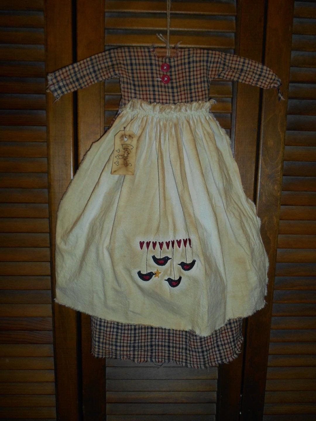 CROWS AND HEARTS Primitive Dress With Apron Red & Blue Plaid, Country ...