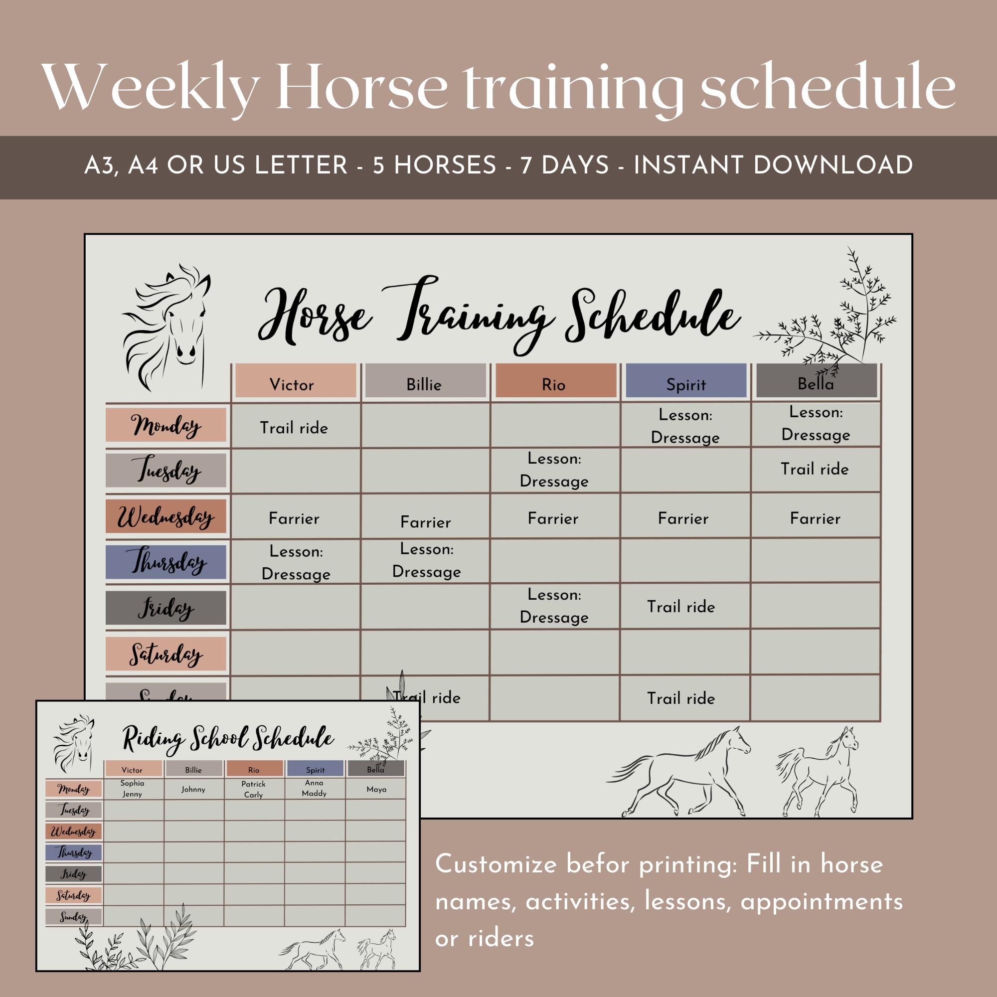 Horse Training Schedule Printable. Equestrian Planner. Customizable ...