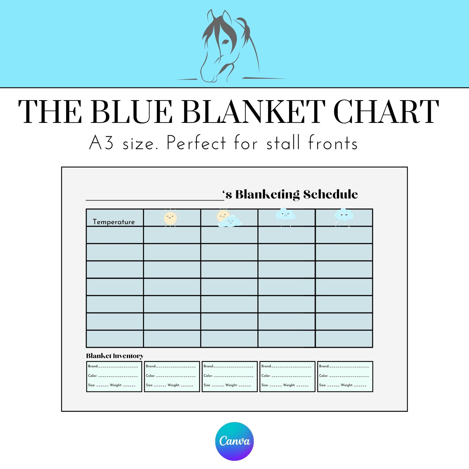 Horse Blanket Chart: Stall Front Schedule, A3 (canva Template, Instant ...