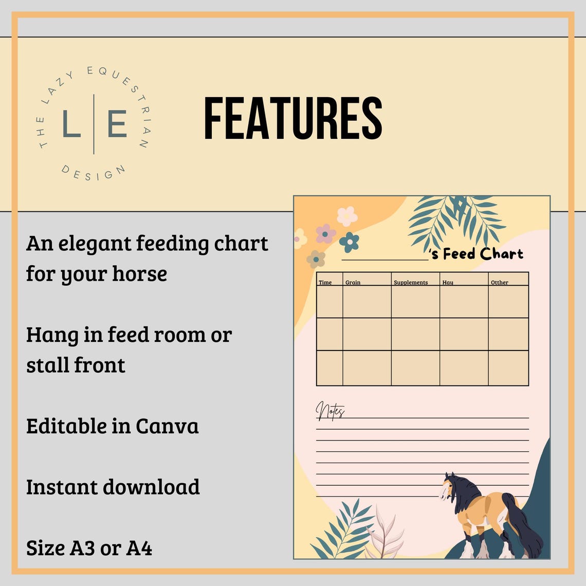 Horse Feed Chart Schedule: Equestrian Gift (canva Editable, Digital ...