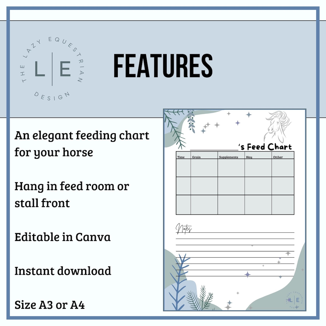Horse Feeding Chart Schedule. Feed Chart Size A4 or A3. for Stall ...