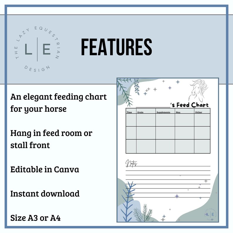 Horse Feeding Chart Schedule. Feed Chart Size A4 or A3. for Stall ...
