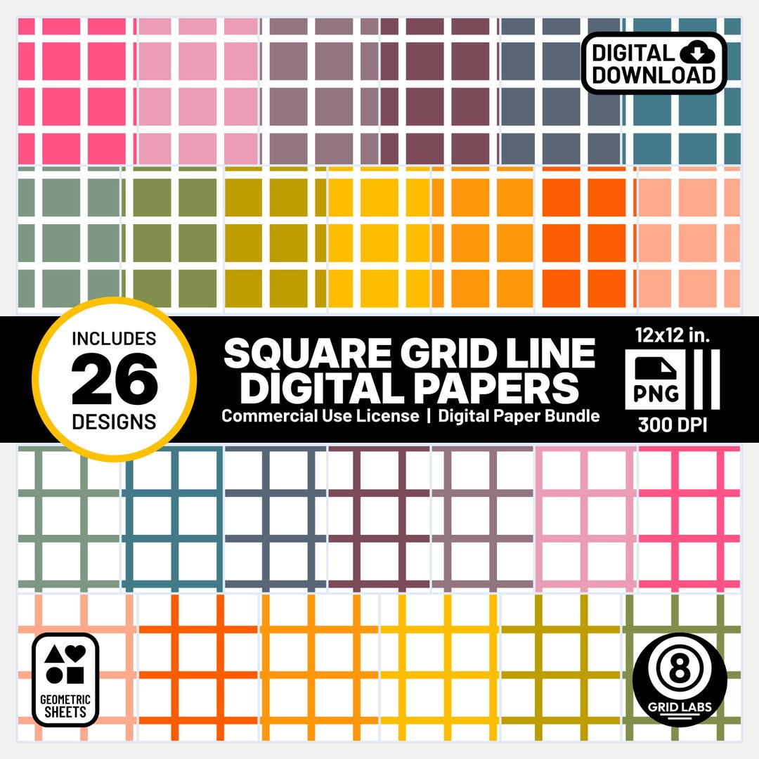 Retro Rainbow Square Grid Line Digital Papers Seamless PNG Pattern Pack ...