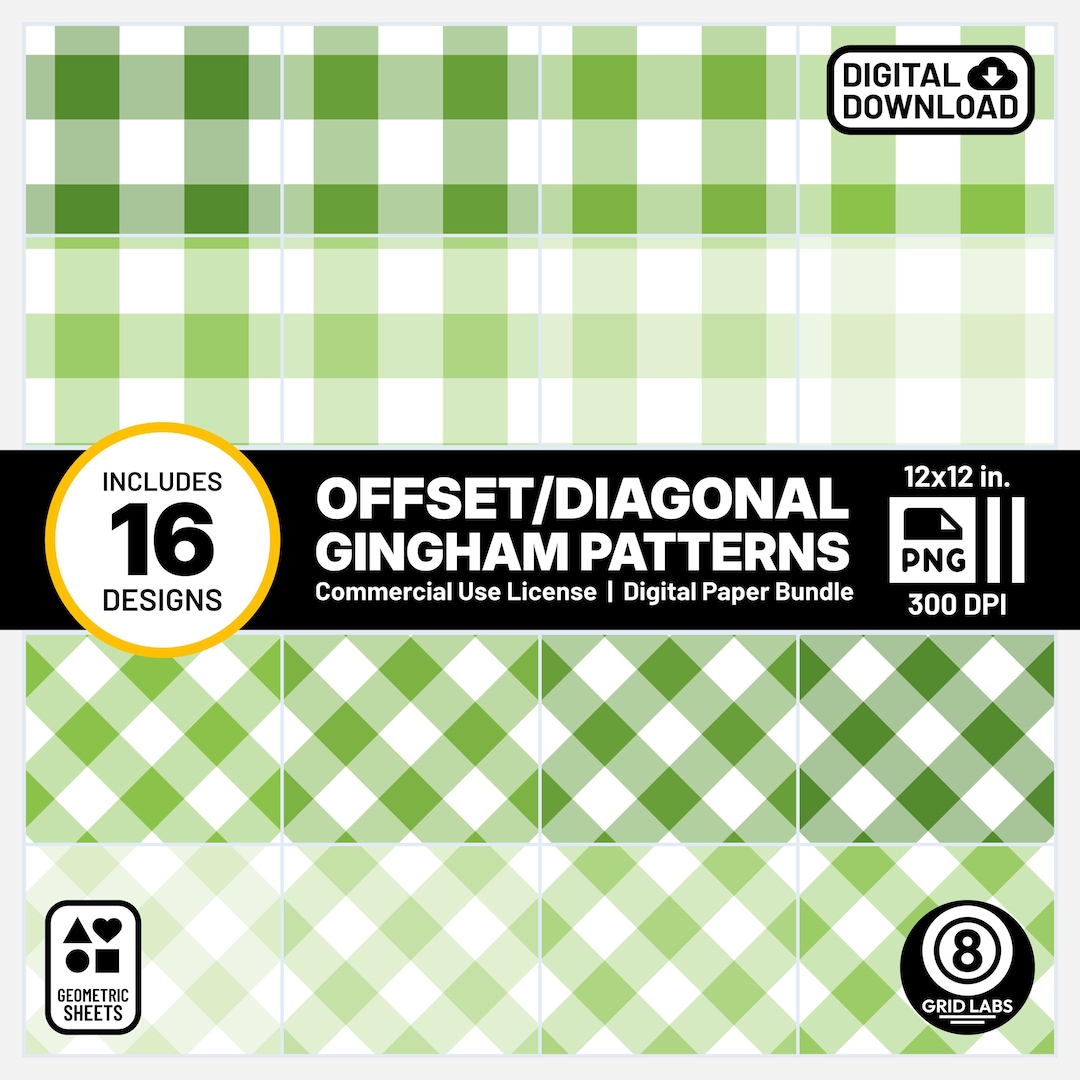 Bright Light Green Diagonal Gingham Digital Papers 16 Pattern Pack ...