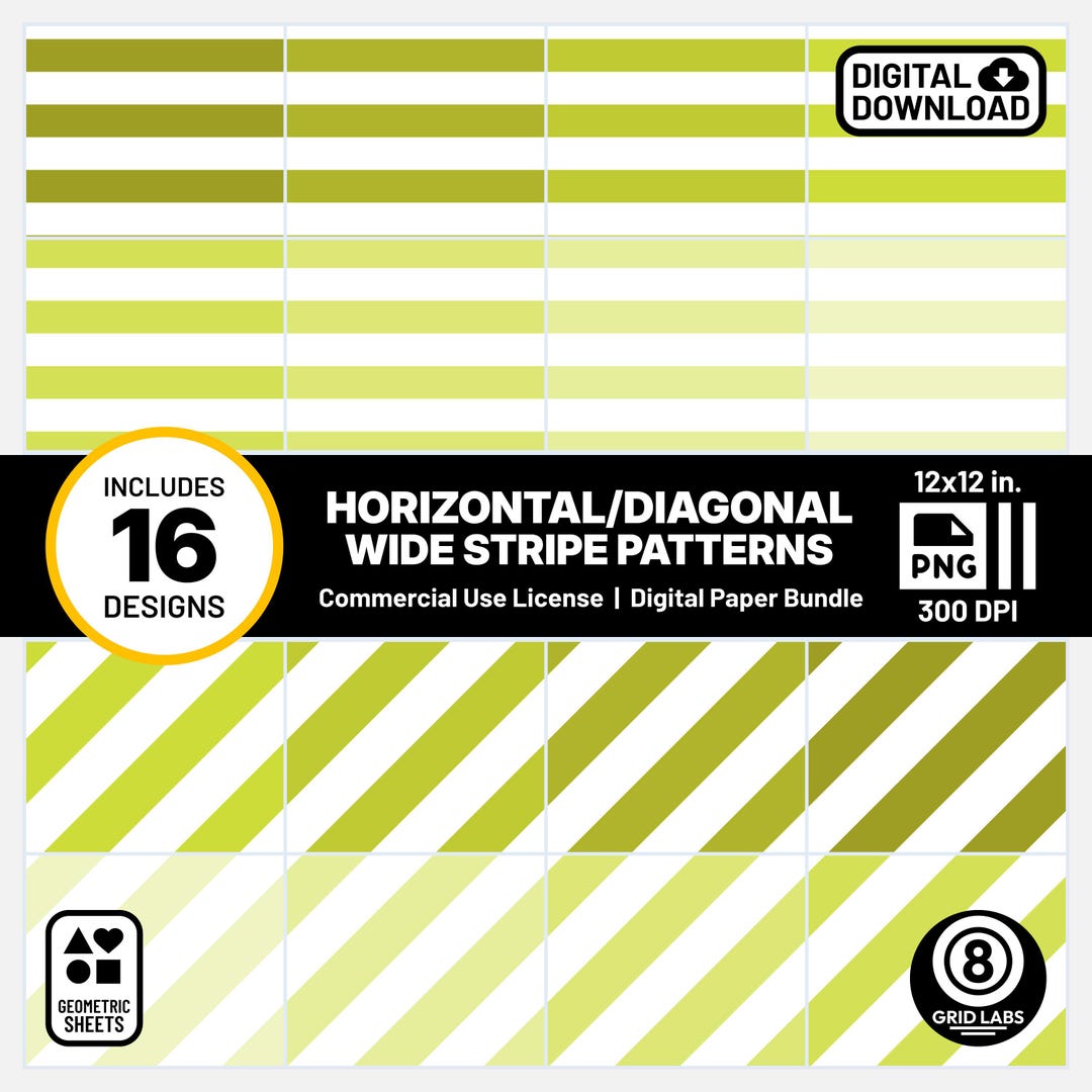 Bright Lime Green Horizontal and Diagonal Stripes Digital Paper Pack ...