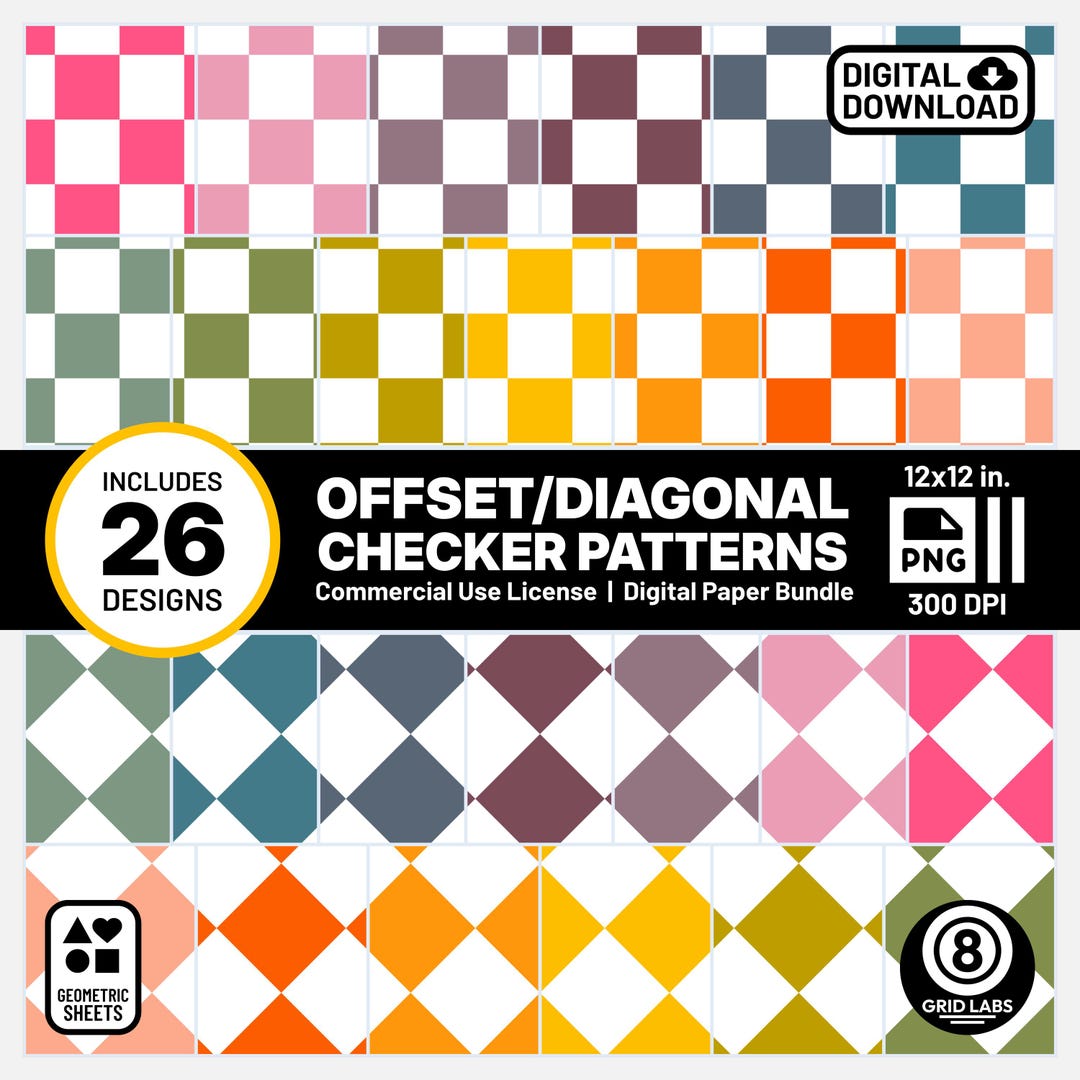 Retro Rainbow Checker Digital Papers Offset Diagonal Square Patterns Seamless Pngs ZLCV - Etsy