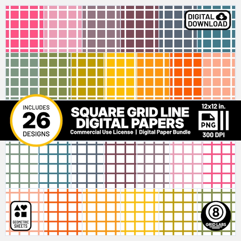 Retro Rainbow Small Square Grid Line Digital Papers Seamless PNG ...