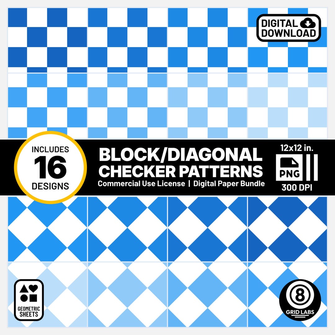 Bright Blue Checkers Geometric Digital Papers 16 Pattern Pack Monotone ...