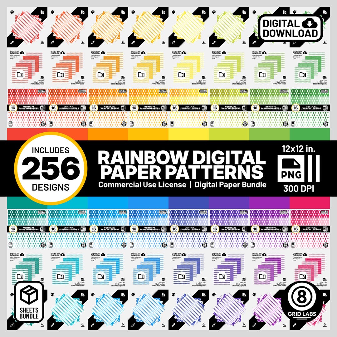 Rainbow Vertical Diamonds 256 Sheets Bundle Digital Paper Pack Colorful ...