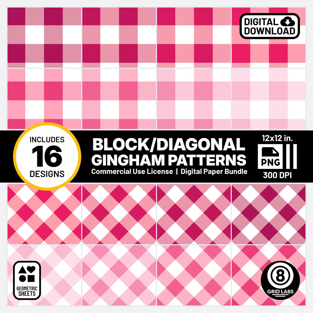 Bright Pink Gingham Variety Pack Digital Papers 16 Shade and Tint ...