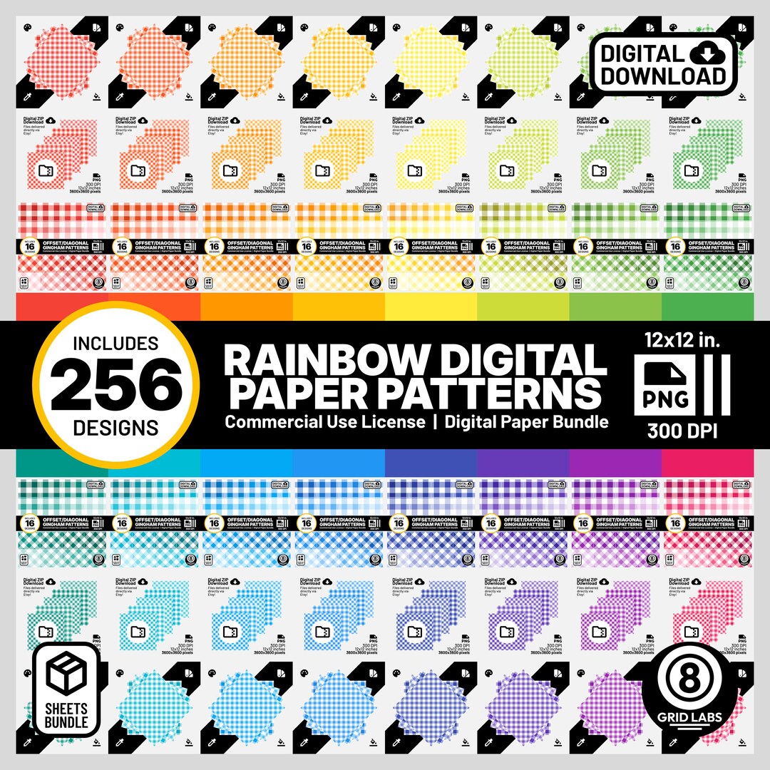 Rainbow Diagonal Gingham Variety Bundle Digital Paper Patterns Offset ...