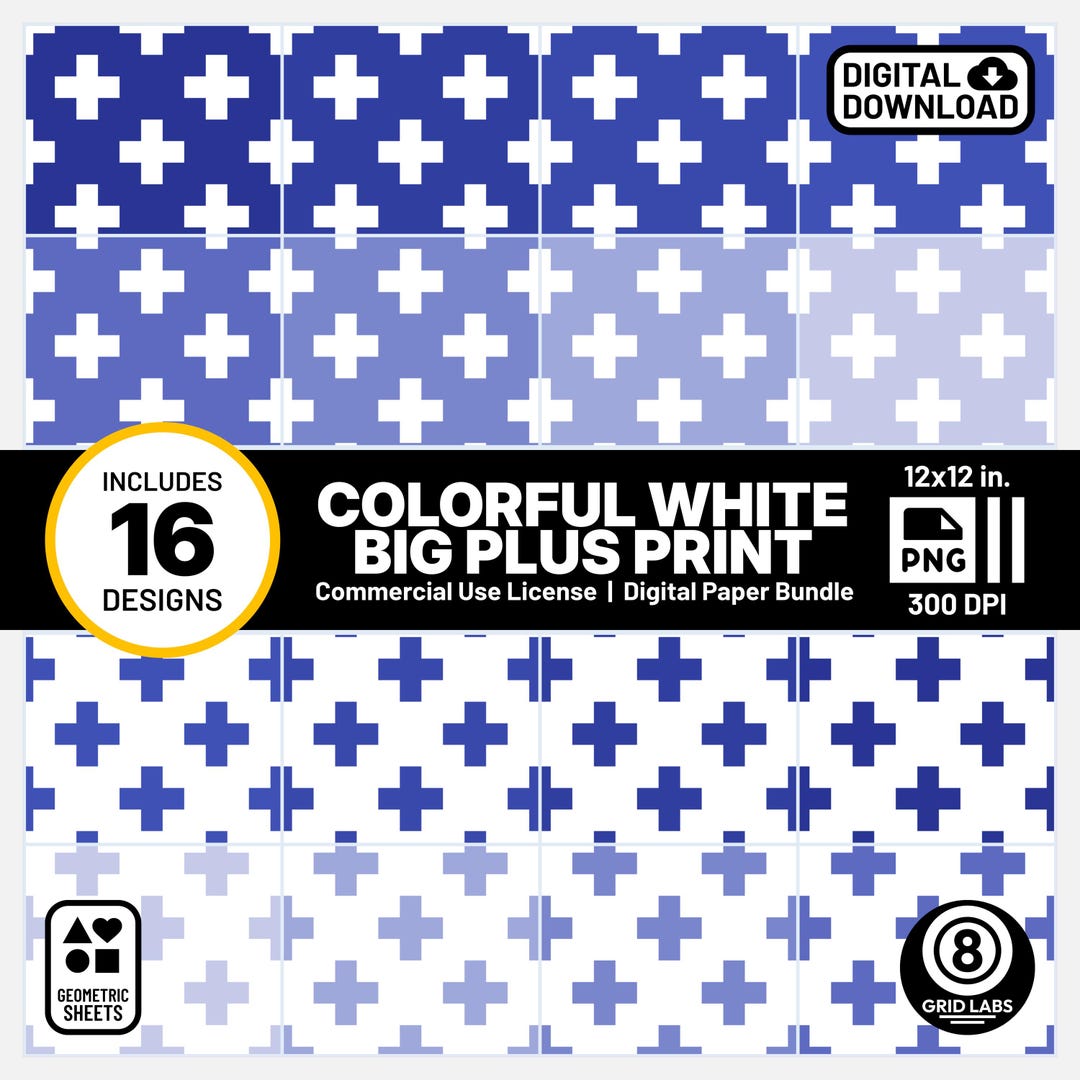 Dark Blue Plus Print Pattern Digital Paper Bundle Bright White ...