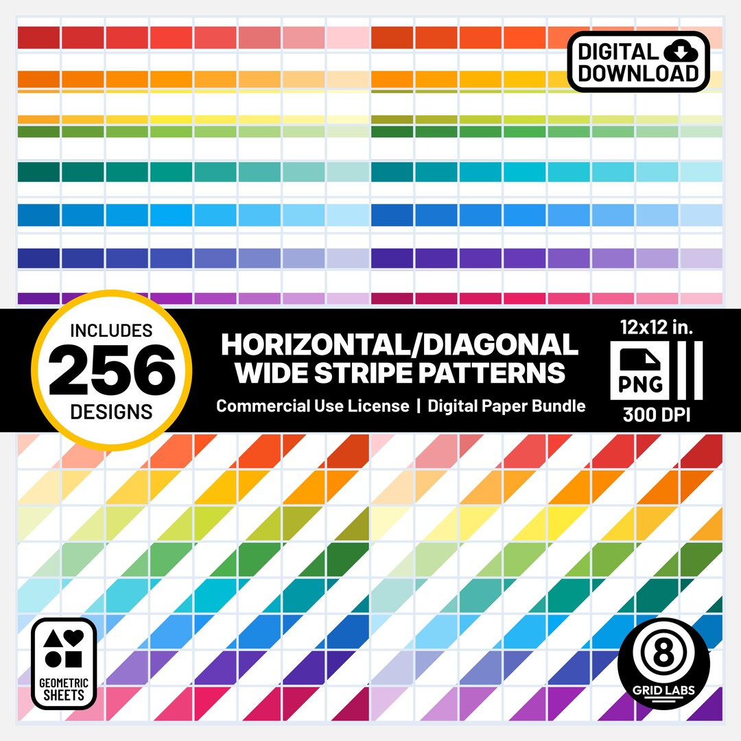 Neon Rainbow Stripe Pattern Digital Papers Color Variety Bundle Bright ...