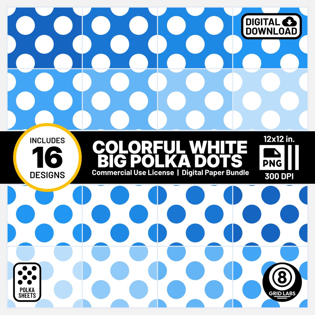 Blue Polka Dot Digital Paper Seamless Pattern Pack Bright White ...