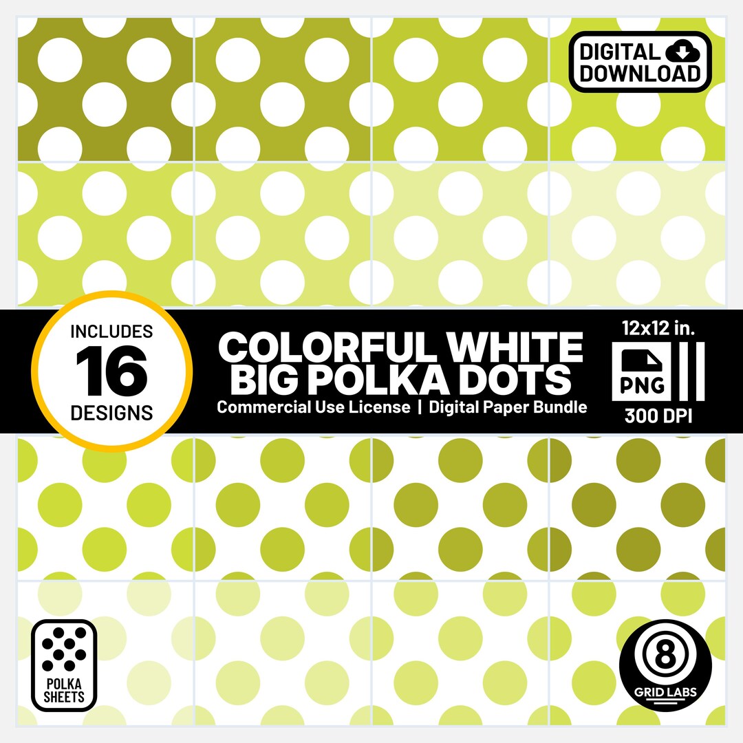 Bright Lime Green Big Polka Dots Pattern 16 Pack Digital Paper Palette ...